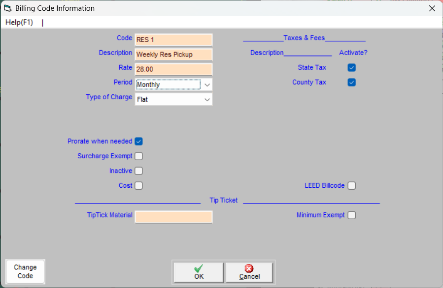 Trash Flow Help Files - Example: Bill Codes